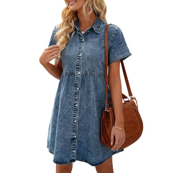 Amzbarley Robe En Denim Mi-Long Avec Fermeture Boutonnée Et Taille Fermée Pour Les Femmes Bleu ...