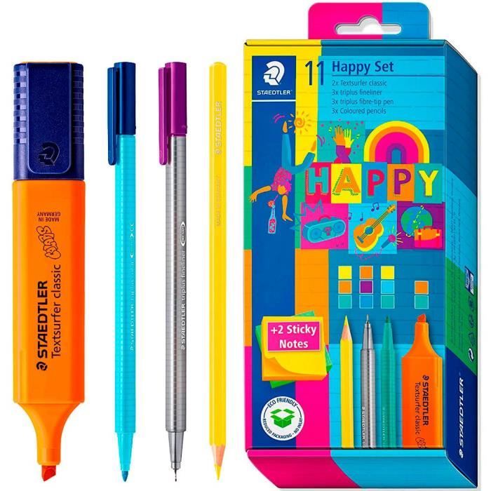 Coffret d'écriture STAEDTLER Happy Colors - 2 surligneurs, 3 feutres, 3 stylos fins, 3 crayons ...