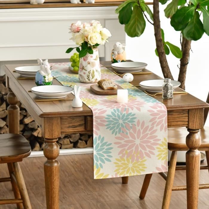 Chemin De Table De Pâques-Motif Dahlias Et Fleurs Roses Et Bleus ...