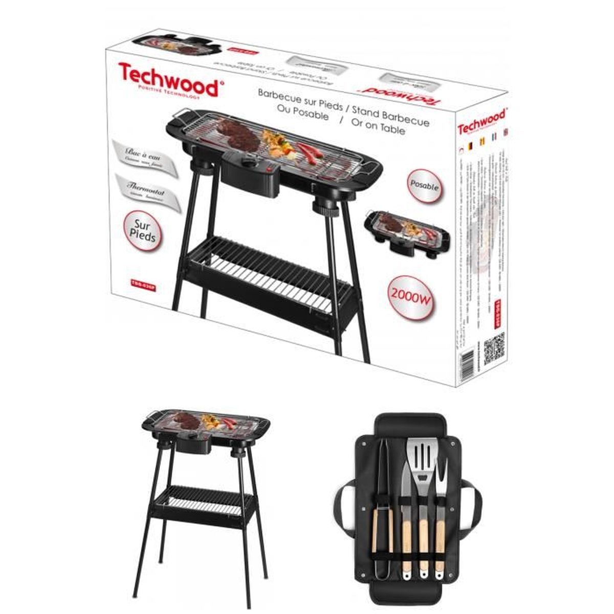 Barbecue Electrique sur Pieds ou de Table noir 2000W + Set de 4 ...