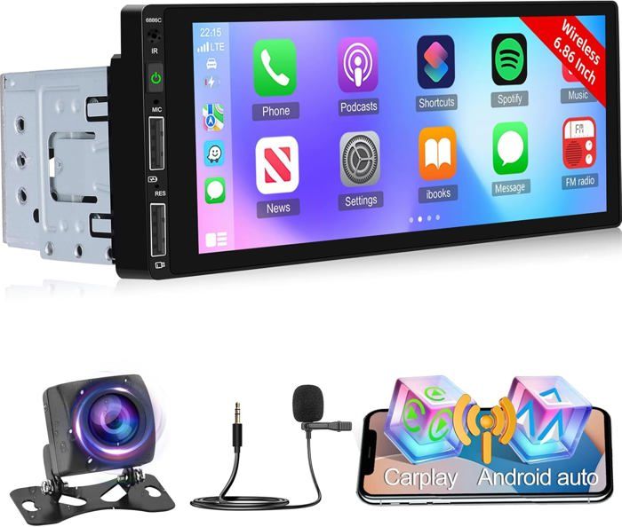 Autoradio 1 Din avec Carplay sans Fil & Android Auto - Radio à écran Tactile de 6,86 Pouces avec ...