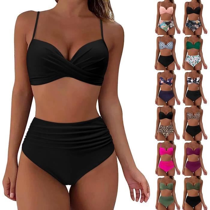 Maillot De Bain Femme 2 Pièces Push Up Taille Haute Noir Noir