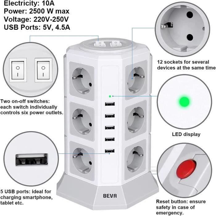 Trust-Tour Multiprise Parasurtenseur Parafoudre avec 12 Prises et 5 USB ...