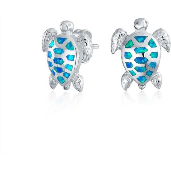 Boucles D'Oreilles Tortue De Mer Incrustée D'Opale Créée Irisescent Rose Blanc Ou Bleu Pour ...