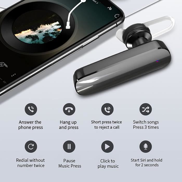 Casques Bluetooth Mono Écouteur Oreillette Stéréo Sans Fil V5.0 Avec ...