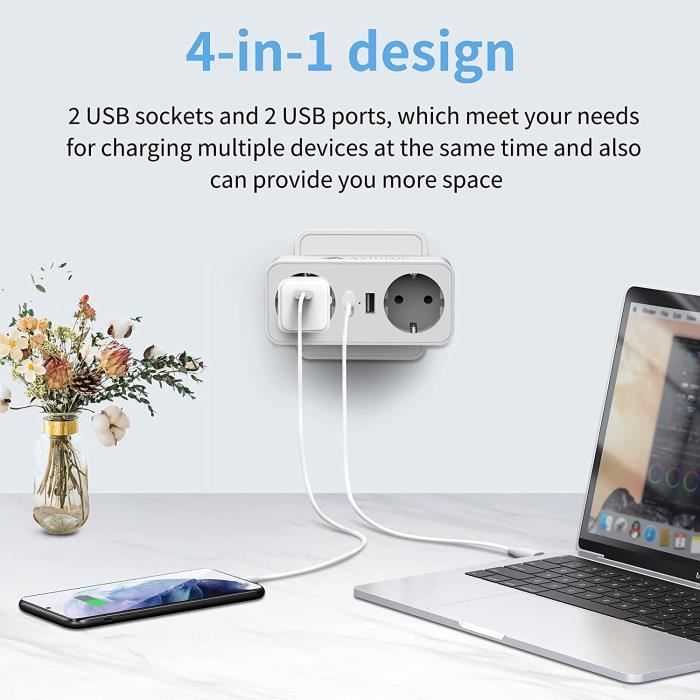 Prise USB Secteur Multiple, 4 en 1 Multiprise Double Prise avec 2 USB ...