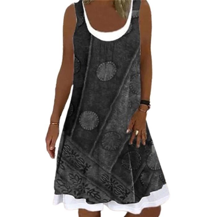 ROBE Femmes Robe Vintage Imprimer Col rond Fake Two Piece Ajuster une ...