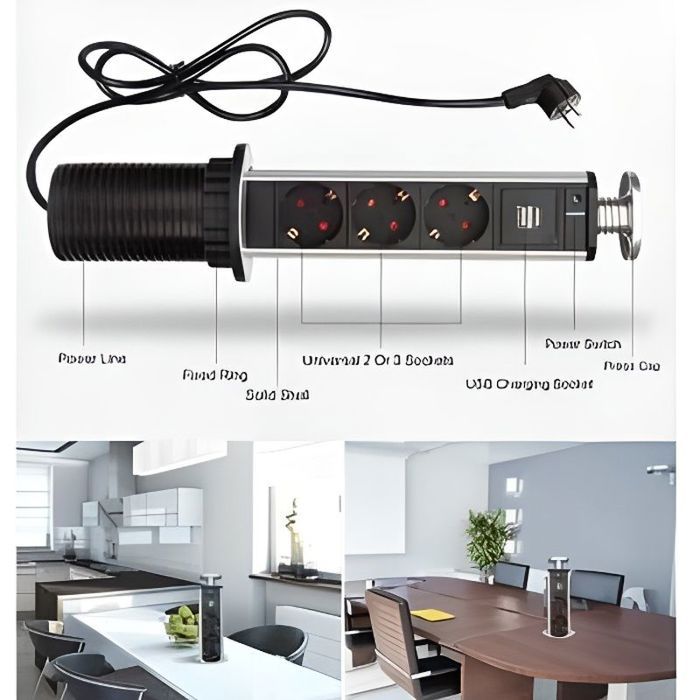 MULTIPRISE Bloc multiprise escamotable 3 prises + 2 chargeurs USB ...