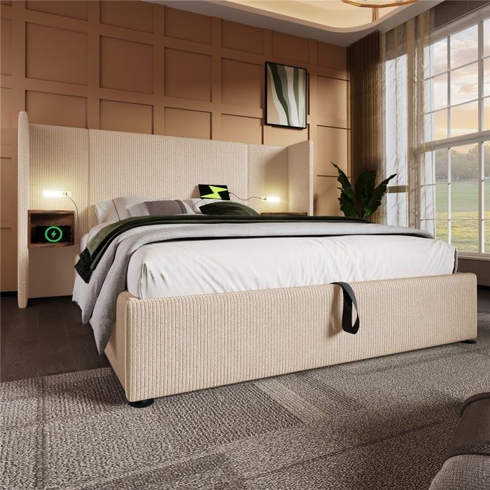 Lit double places 180x200 blanc, velours côtelé, avec rangements, table ...