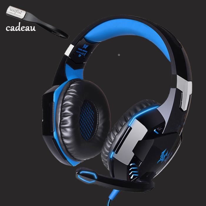 Casque Gamer PC Usiful® Bleu avec Microphone Stéréo, Basses et LED ...