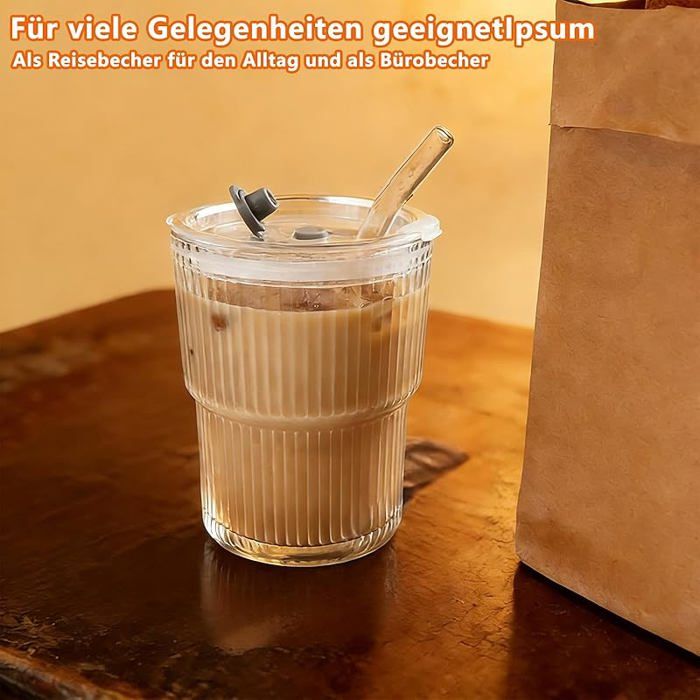 Verres en Verre Striés, Lot de 2 Verres avec Couvercle et Paille, Verre ...