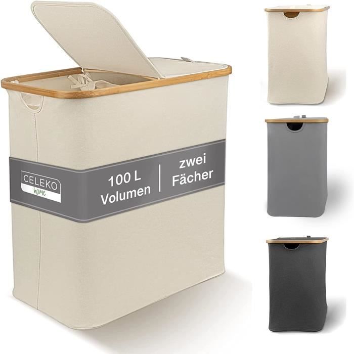 Celeko Panier À Linge Avec Couvercle 2 Compartiments 100 L En Bambou Beige Grand Avec Anse ...