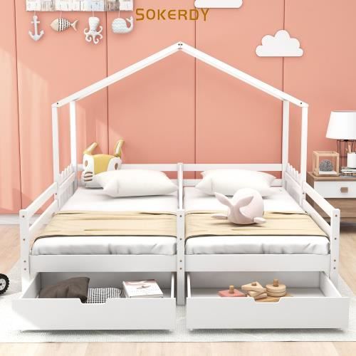 SOKERDY Lit Cabane, Lit Double Enfant avec 2 Tiroirs MDF, Tiroirs sur ...