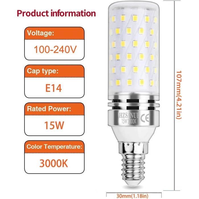 Ampoule Maïs Led 15W, E14 Petit Edison Vis Ampoules, Blanc Chaud 3000K, 1700Lm, Équivalent ...