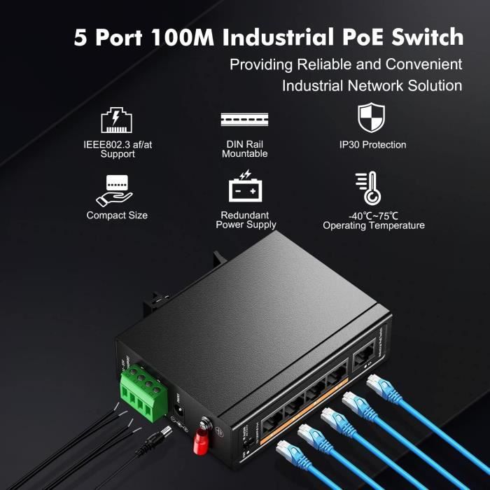 MokerLink Switch Industriel 5 Ports PoE+ sur Rail DIN, 4 Ports PoE+ IEEE802.3af-at, 1 Liaison ...