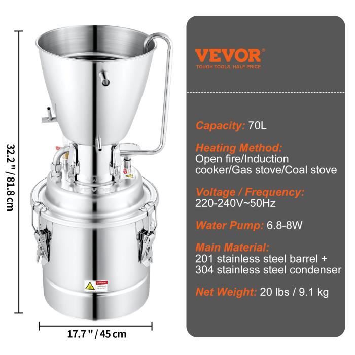70 L Distillateur Alambic - VEVOR - Chaudière à Spiritueux Inox ...