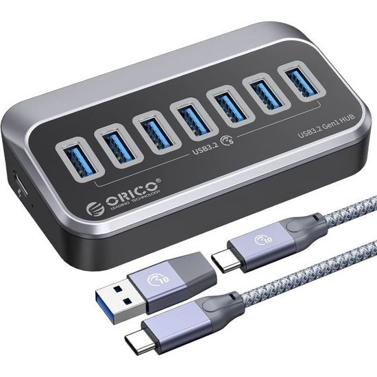 Hub Usb C , Hub Usb C À 7 Ports Avec 0,5M Câble Et Adaptateur Usb A, 5 ...