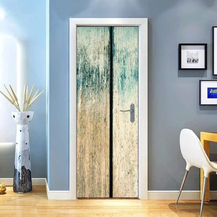 Stickers Porte Placard Rétro Bleu Bois Art 85X215Cm Stickers De Porte ...