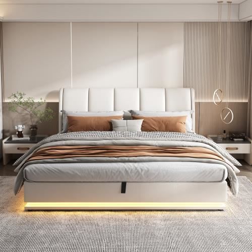 Lit adultes capitonné 180*200cm avec sommier à lattes LED en bois PU ...