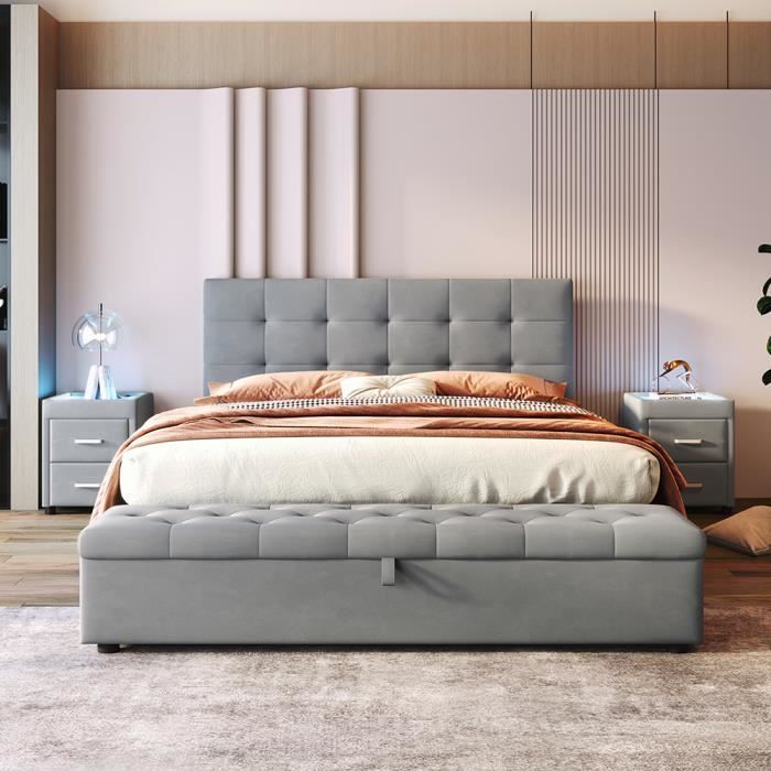 Lit adulte Lit 140x200 cm + 2x table de nuit + tabouret de lit avec ...