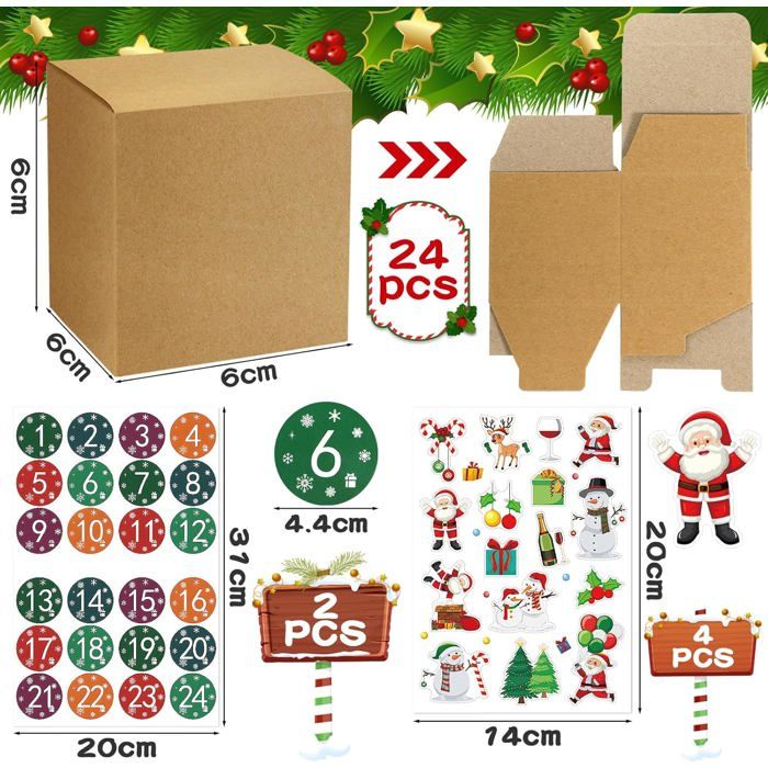 Calendrier de l'Avent Boites,24 Papier Kraft Set de Boîtes Calendrier ...
