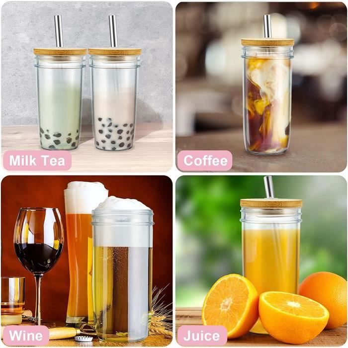 Bubble Tea Verre Lot de 2 Tasses à Thé avec Couvercle eois et Paille ...