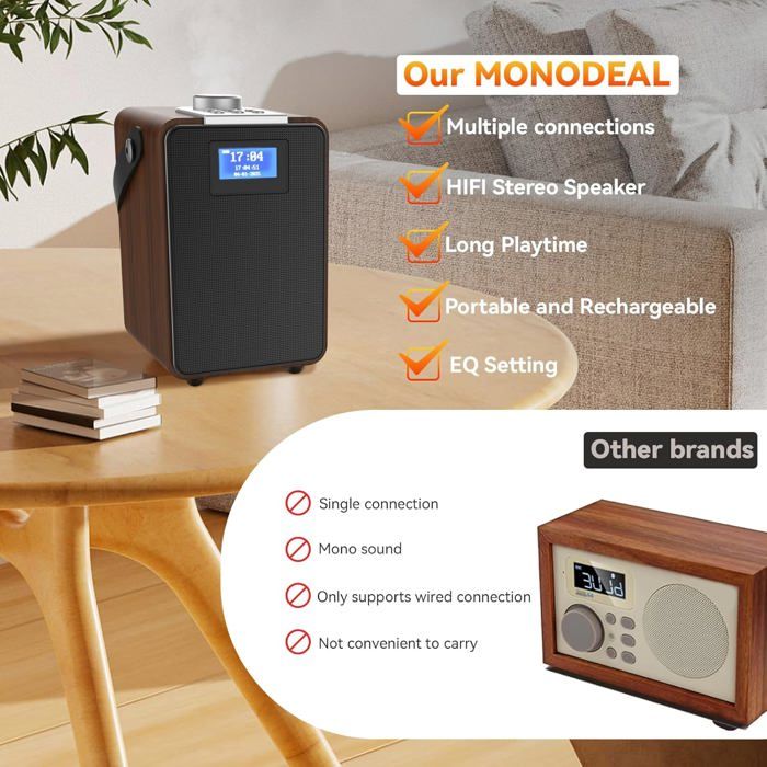 Radio DAB avec Bluetooth, deux réveils, rechargeable, DAB Plus/Dab+ ...
