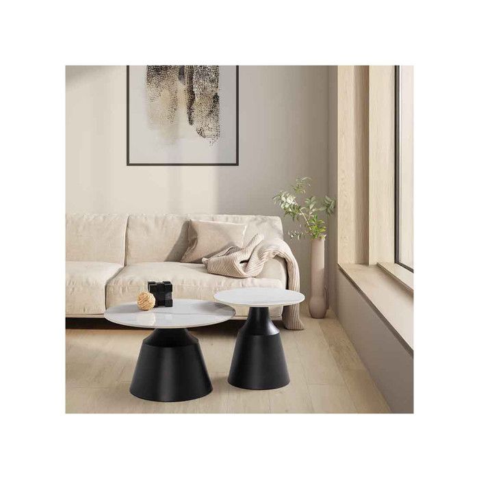 Duo de Tables Basses Rondes Pierre et Métal Noir/Blanc Brillant - PERA ...