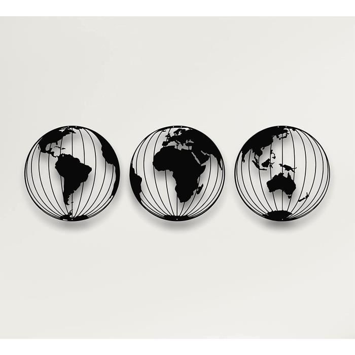 3 globes en métal - Carte du monde ronde en métal - Décoration murale ...