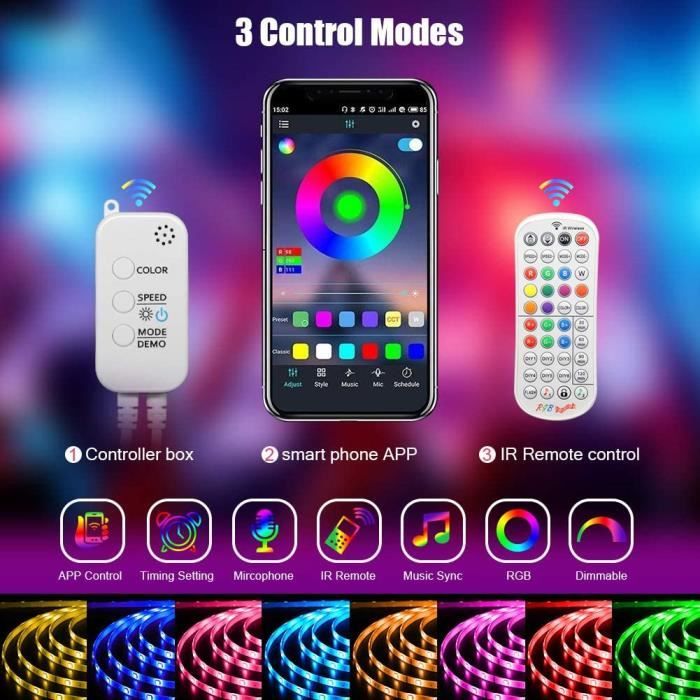 RUMOCOVO® Ruban LED 15M Bluetooth, Ruban LED Intelligent RGB 5050 Kit ...