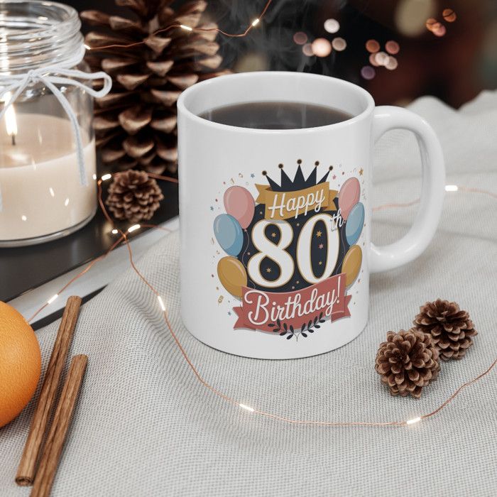 Mug Happy 80th Birthday –Tasse Anniversaire 80 Ans avec Ballons Pastel ...