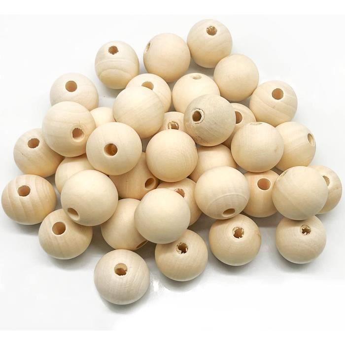 Lot de 50 perles rondes en bois naturel brut de 25 mm, Naturelles ...