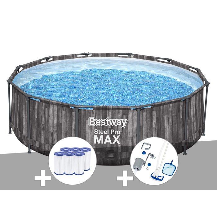 Kit piscine tubulaire ronde Bestway Steel Pro Max décor bois 3,66 x 1,00 m + 6 cartouches de ...