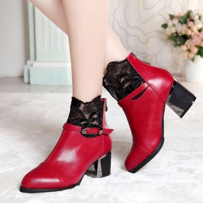 Pointu Bottines Cuir Chaussures Femme rouge rouge rouge - Cdiscount ...
