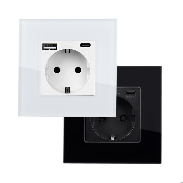 Prise avec port USB Schuko Type F avec Cadre Verre Modern Noir ...