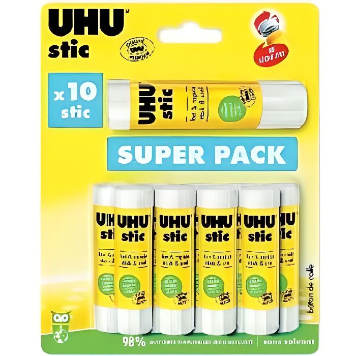 Colle - UHU - Super Pack 10 Sticks 8.2g + 21g - Bouchon à vis - Lavable ...