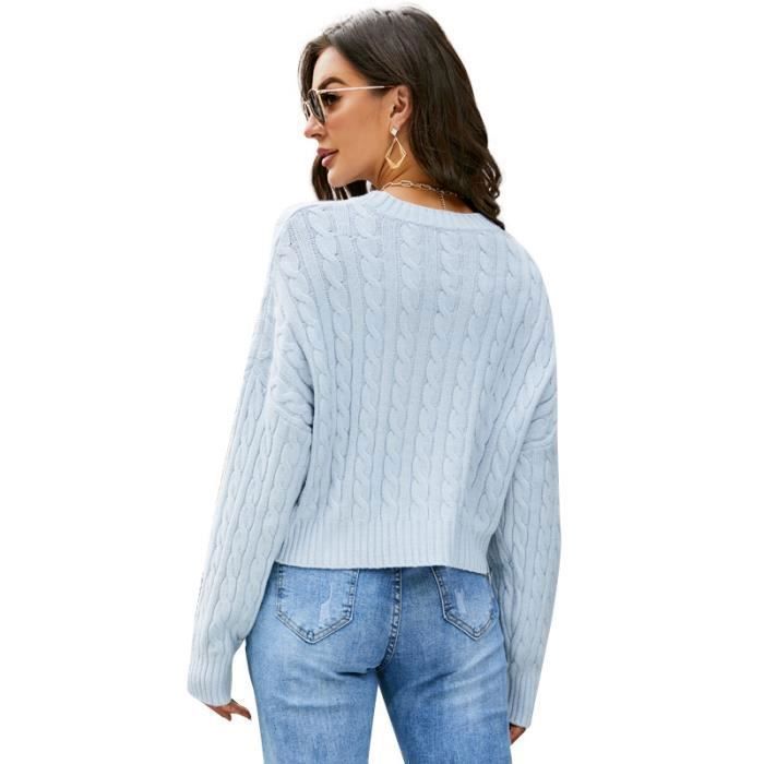 Pull Femme Court Lâche Col Arrondi Coupe Polyvalente Couleur Unie ...