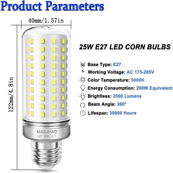 Ampoule LED E27, 25W ampoule maïs LED équivalent 200W lampe halogène ...