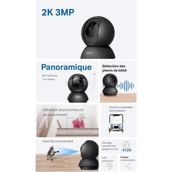 Caméra Surveillance Wifi Intérieure 2K(3Mp) C211, Détection De Personne ...