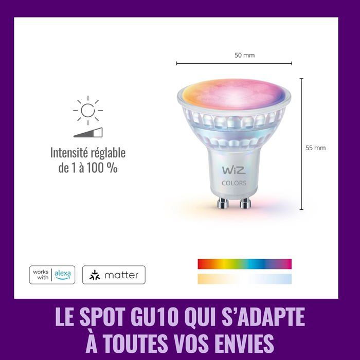 Spot LED connecté GU10 - WIZ - Pack de 4 - Multicolore & Blanc 2200 ...