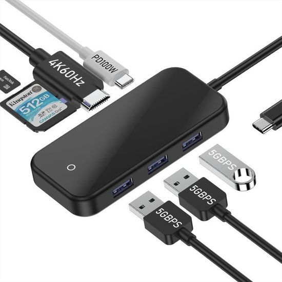 Hub Usb C 7 En 1, Adaptateur Multiport Usb C Avec Hdmi 4K 3 X 5 Gbit-S Usb 3.0 100 W Pd Charge ...