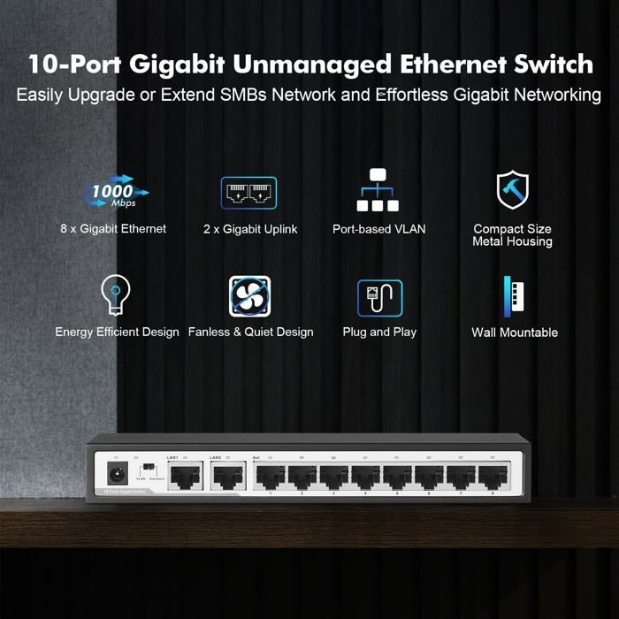 10 Port Gigabit Ethernet Switch, 8 x 100/1000Mbps Ports, 2 Gigabit ...