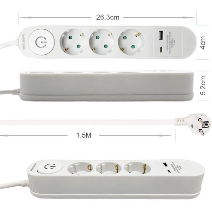 Kf Multiprise 3 Prises 3680 W-16 A Avec Ports Usb C Pd18 W Multiprise Multiprise Avec ...