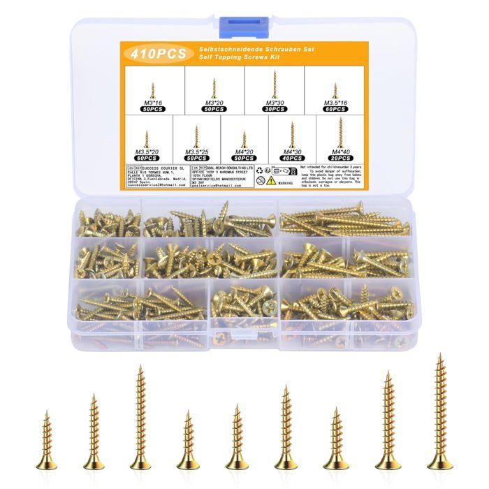410 pièces Ensemble de vis universelles autotaraudeuses en bois, M3 M3,5 M4, Vis à tête plate ...