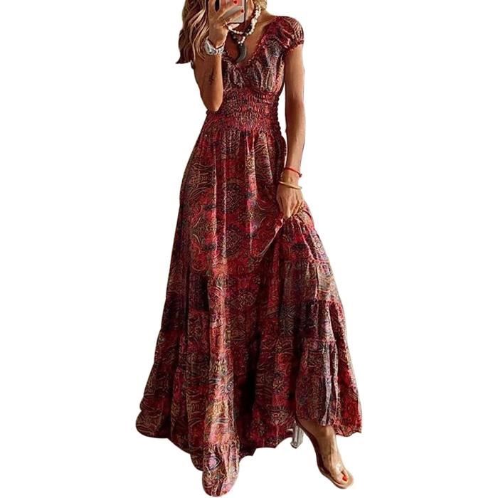 Robe Maxi D été pour Femme Bohème - Rouge - Col V à Fleur - Manches ...