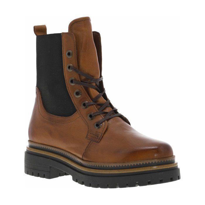 Bottines en cuir cognac avec soufflets élastiqués et lacets plats ...