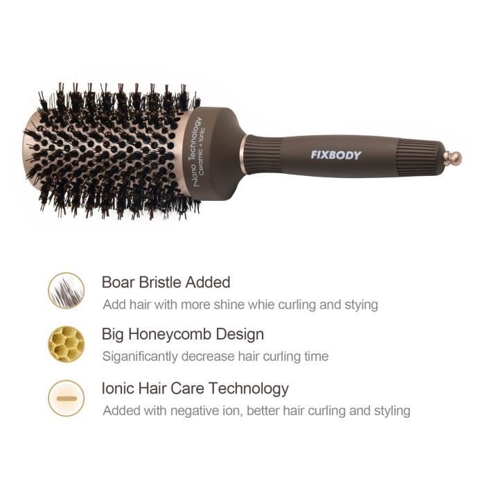 Boar Bristles Round Hair Brush Brown 8.4cm Barrel 5cm FIXBODY Roller Hairbrush for Blow Drying Curling Straightening Cdiscount Electromenager