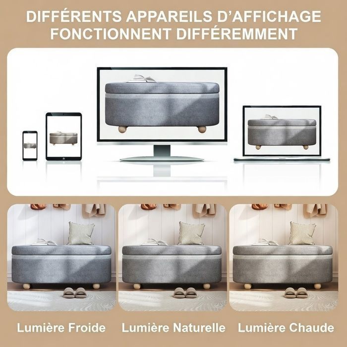 Banc coffre - LINHOO - 110 x 41 x 47 cm - Tissu polaire gris ...