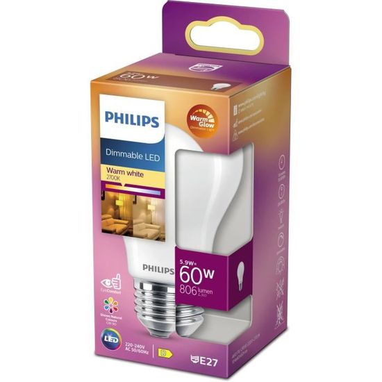 PHILIPS Ampoule LED Standard E27 - 60W Blanc Chaud Dépolie Verre Compatible Variateur - Verre ...