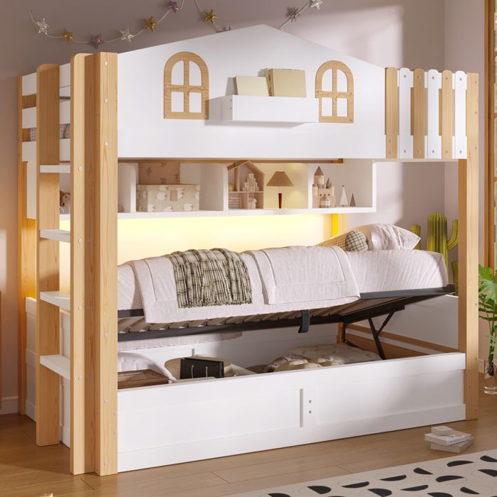 Lit Superposé Enfant Design Maison avec Coffre Hydraulique - ELVMI ...